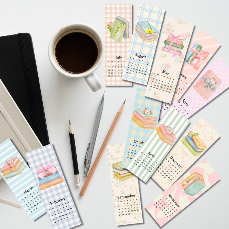 Bookmark Calendar 2026, Printable Pastel Bookmarks Set, Book Lover Gift ...