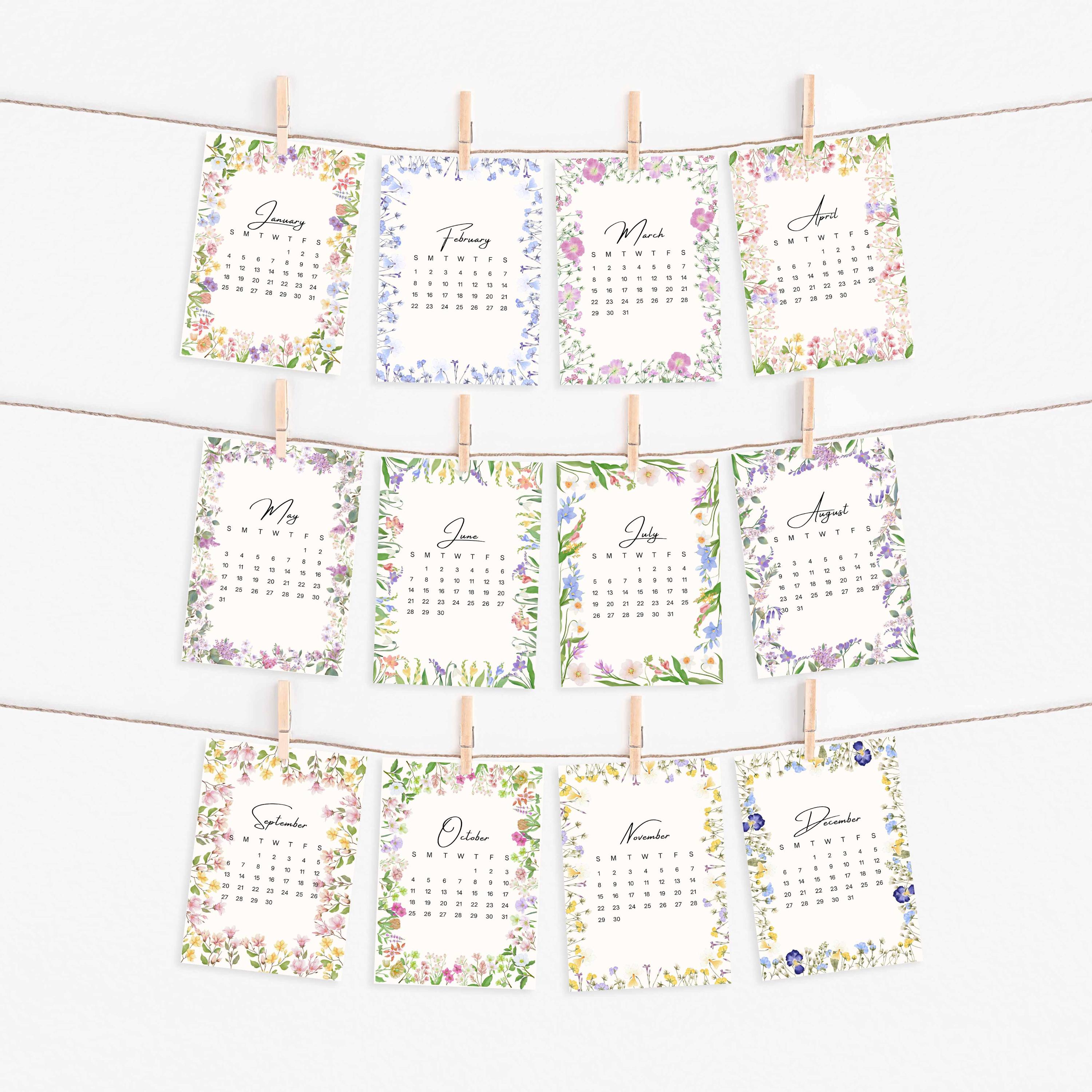 2026 Mini Calendar Cards: Floral Monthly Printable Calendar Set (PDF ...