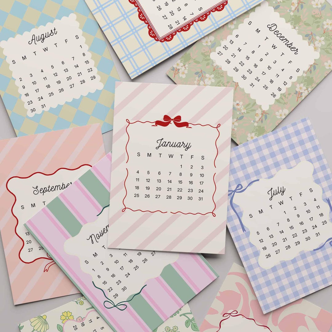 2026 Mini Preppy Calendar Cards: Monthly Cute Desk Calendar Set (PDF ...