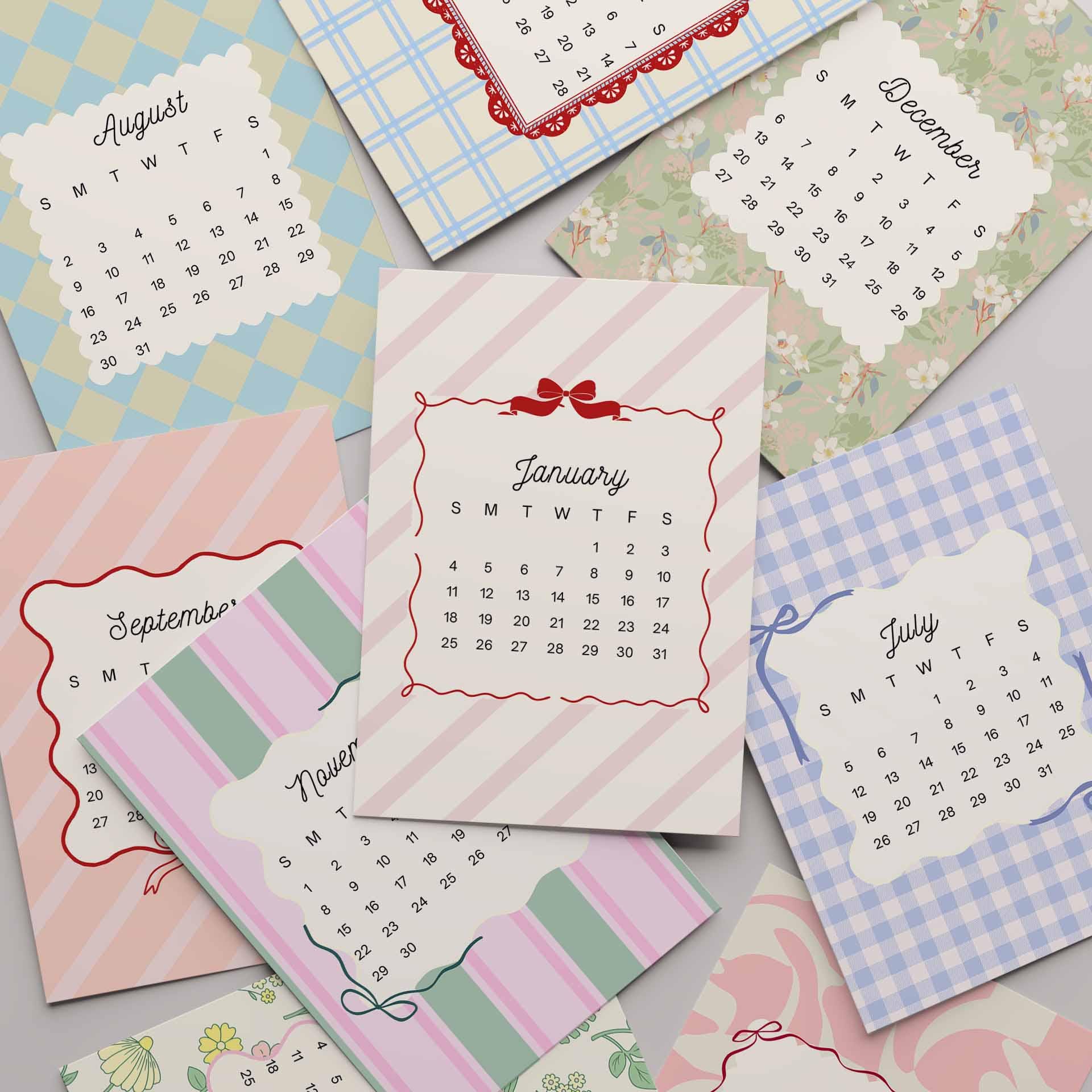 2026 Mini Preppy Calendar Cards: Monthly Cute Desk Calendar Set (PDF ...