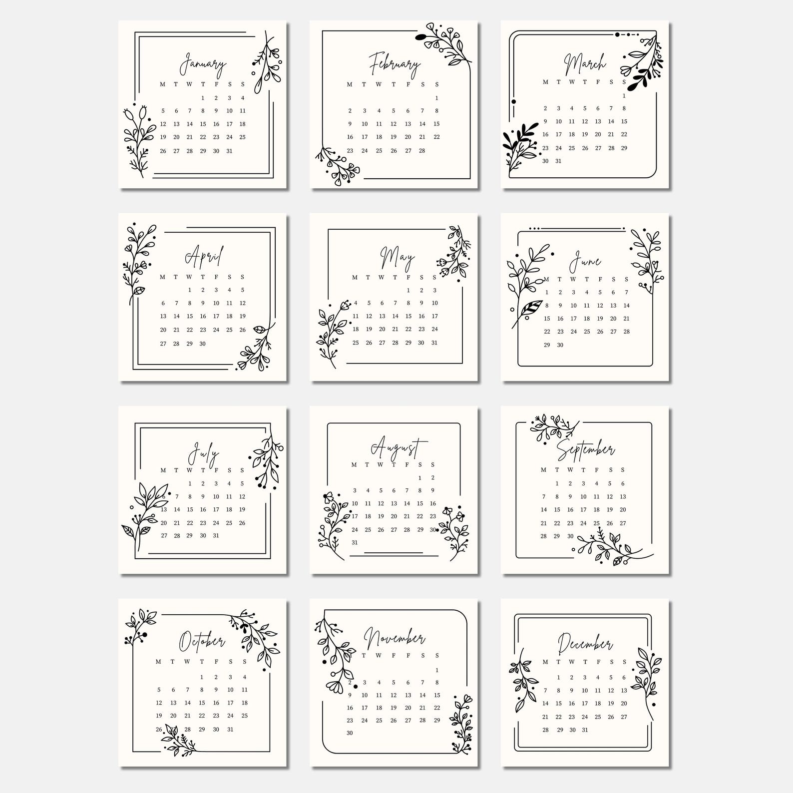 2026 Mini Calendar Cards: Floral Square Minimalist Monthly Printable ...