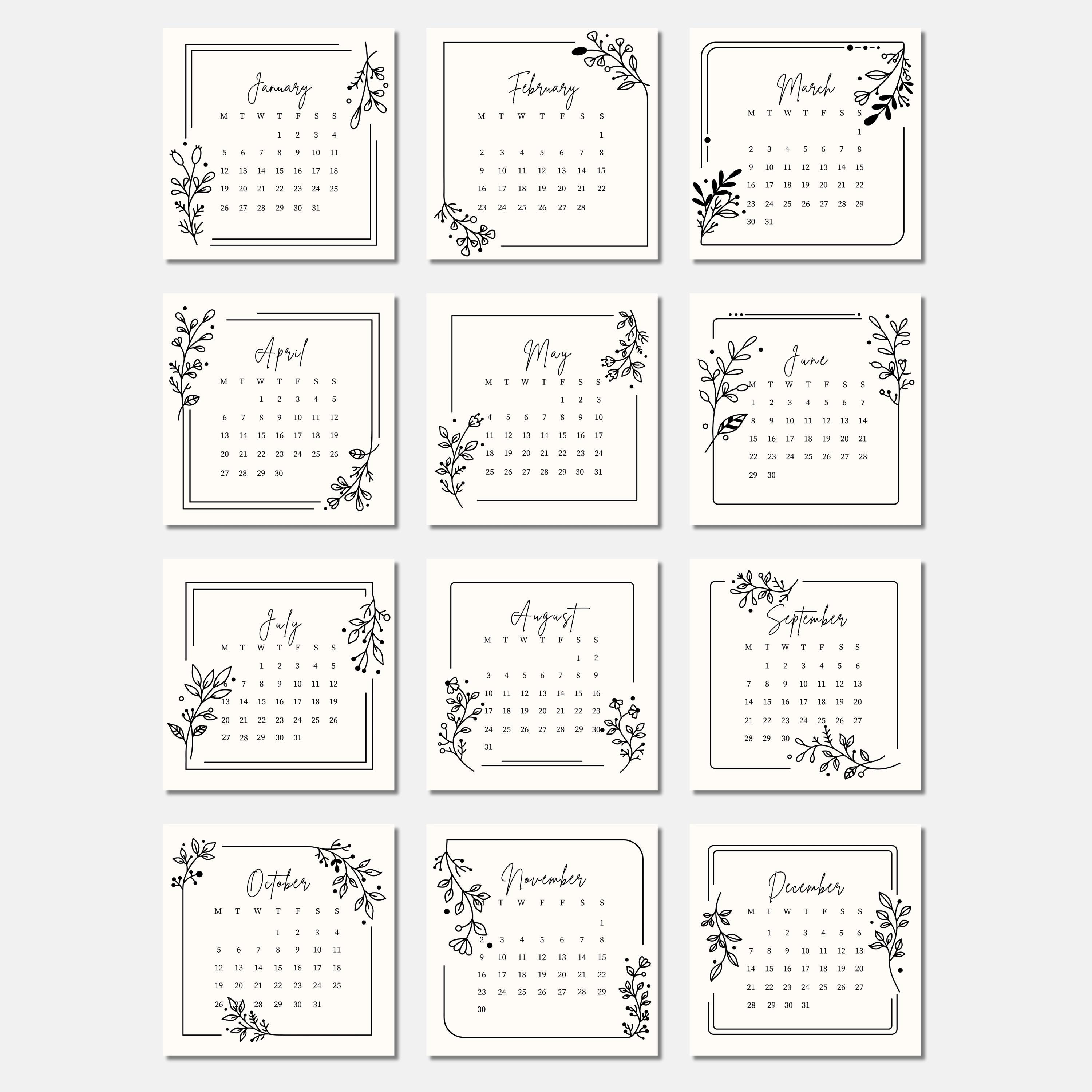 2026 Mini Calendar Cards: Floral Square Minimalist Monthly Printable ...