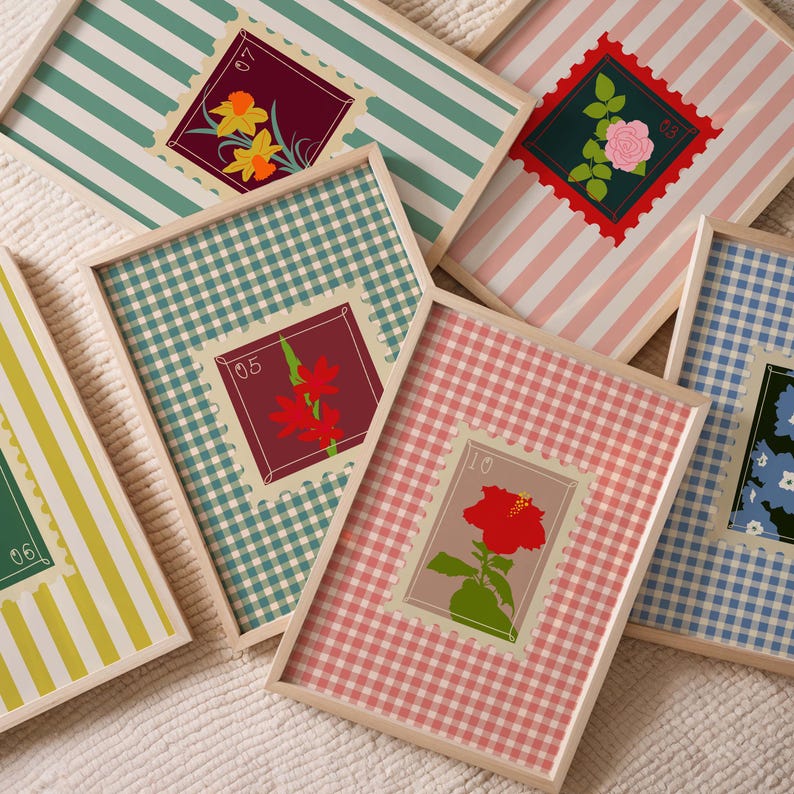 Vintage Floral Stamp Gallery Wall Set, Colorful Gingham Art Prints ...