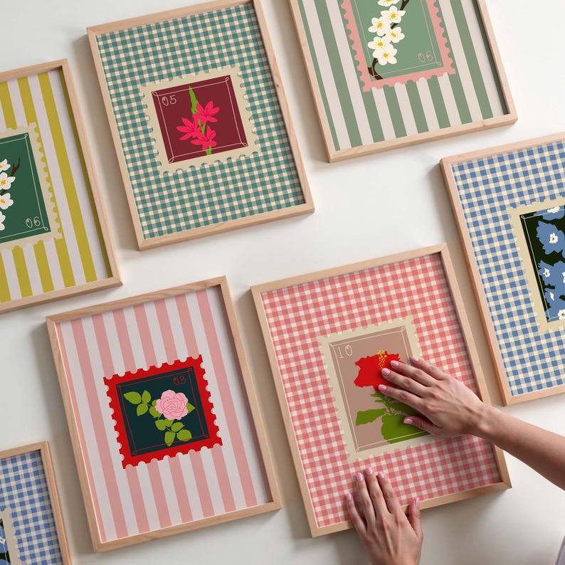 Vintage Floral Stamp Gallery Wall Set, Colorful Gingham Art Prints ...