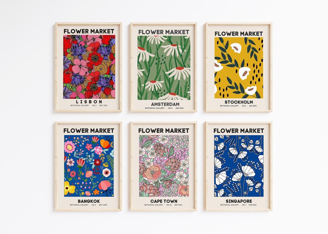 Flower Market Digital Printable Wall Art Set of 6, Flower Market Digital Print Set, Floral ...