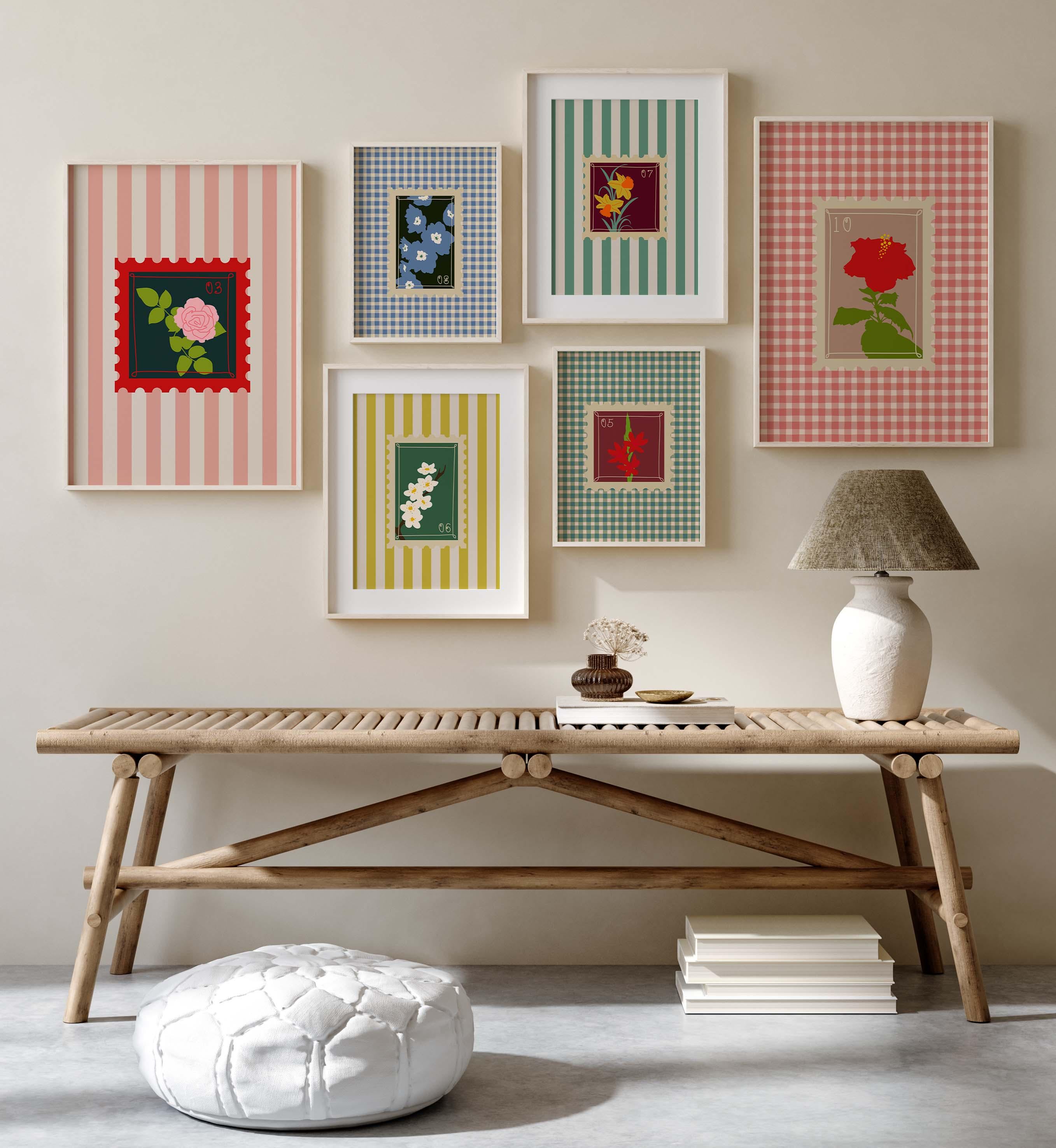 Vintage Floral Stamp Gallery Wall Set, Colorful Gingham Art Prints ...