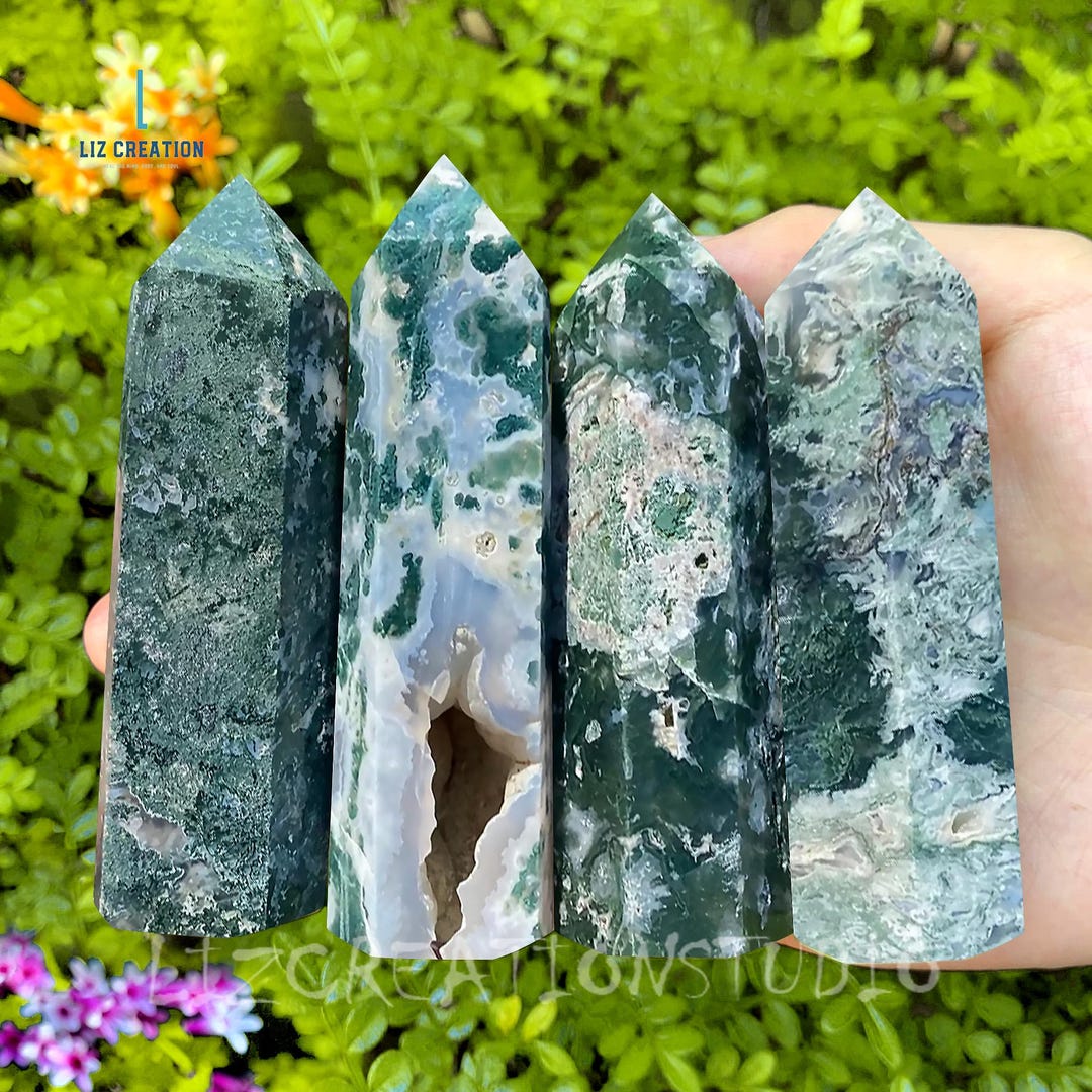 Natural Moss Agate Tower Point, Mineral Specimens Druzy Crystal Obelisk ...