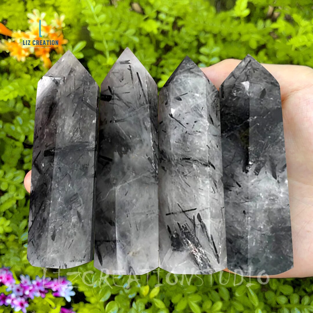 Natural Black Tourmaline Rutilated Quartz Crystal Tower Point Obelisk ...