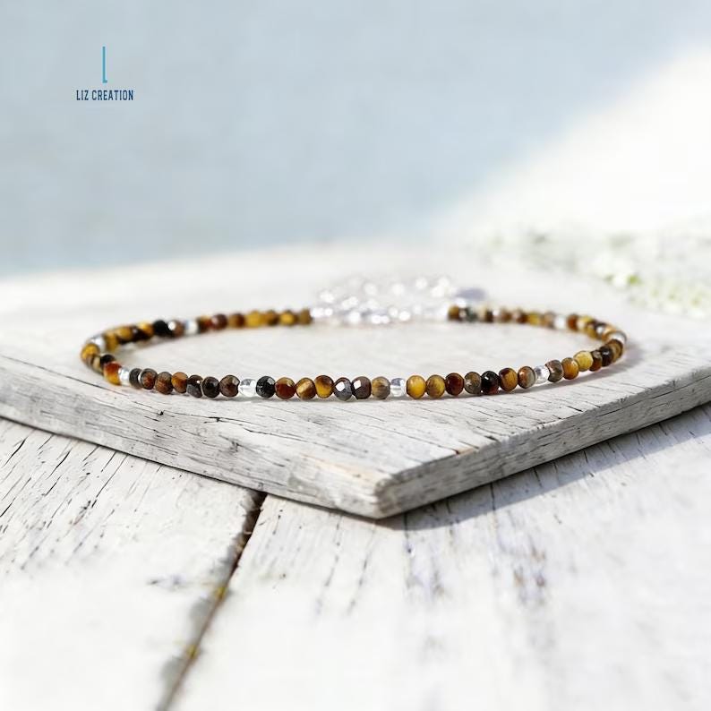 Dainty Tiger Eye Crystal Necklace, Natural Tiny Bead Choker, Minimalist ...