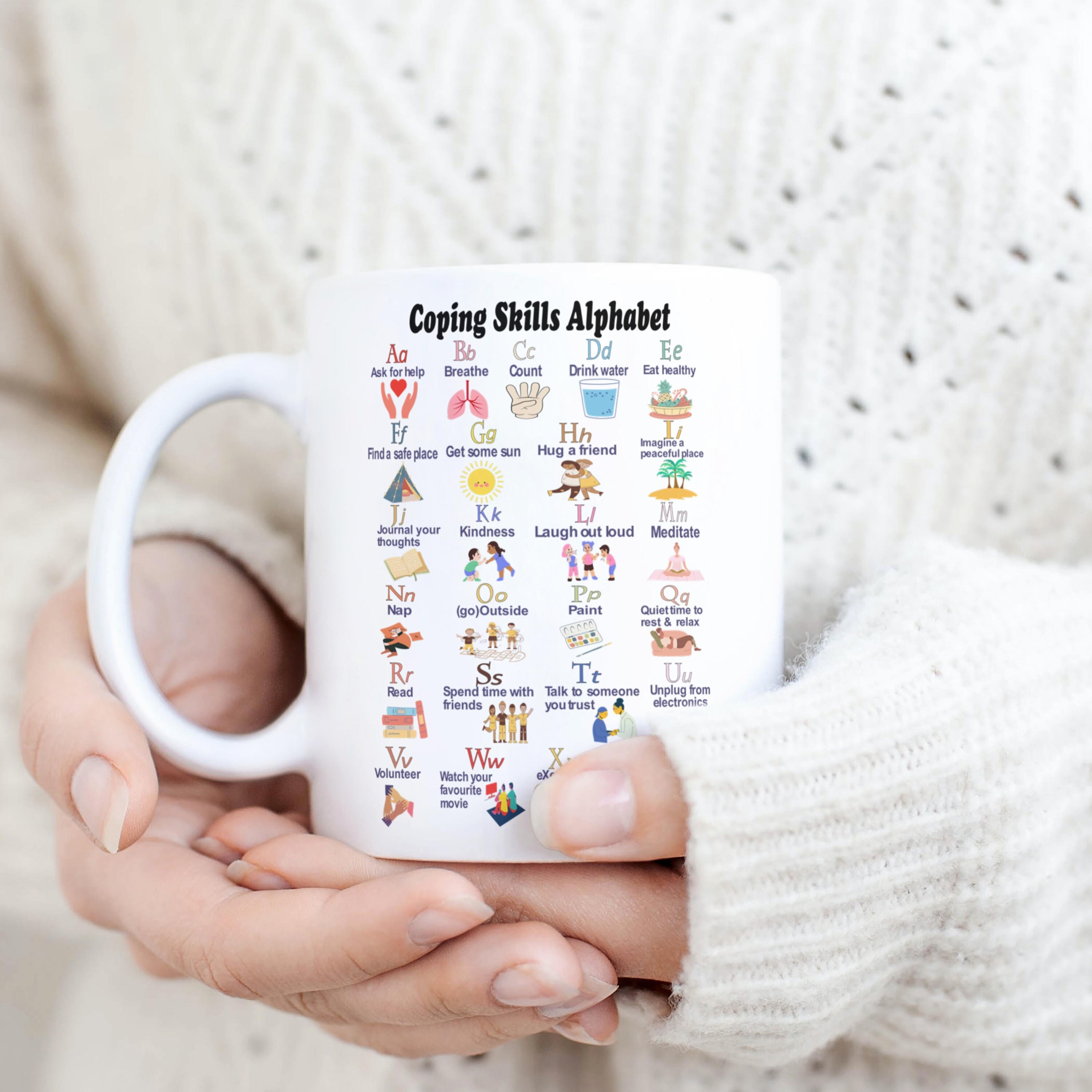 Coping Skills Alphabet, 11oz Mug, Mental Health Mug, Therapist Mug ...