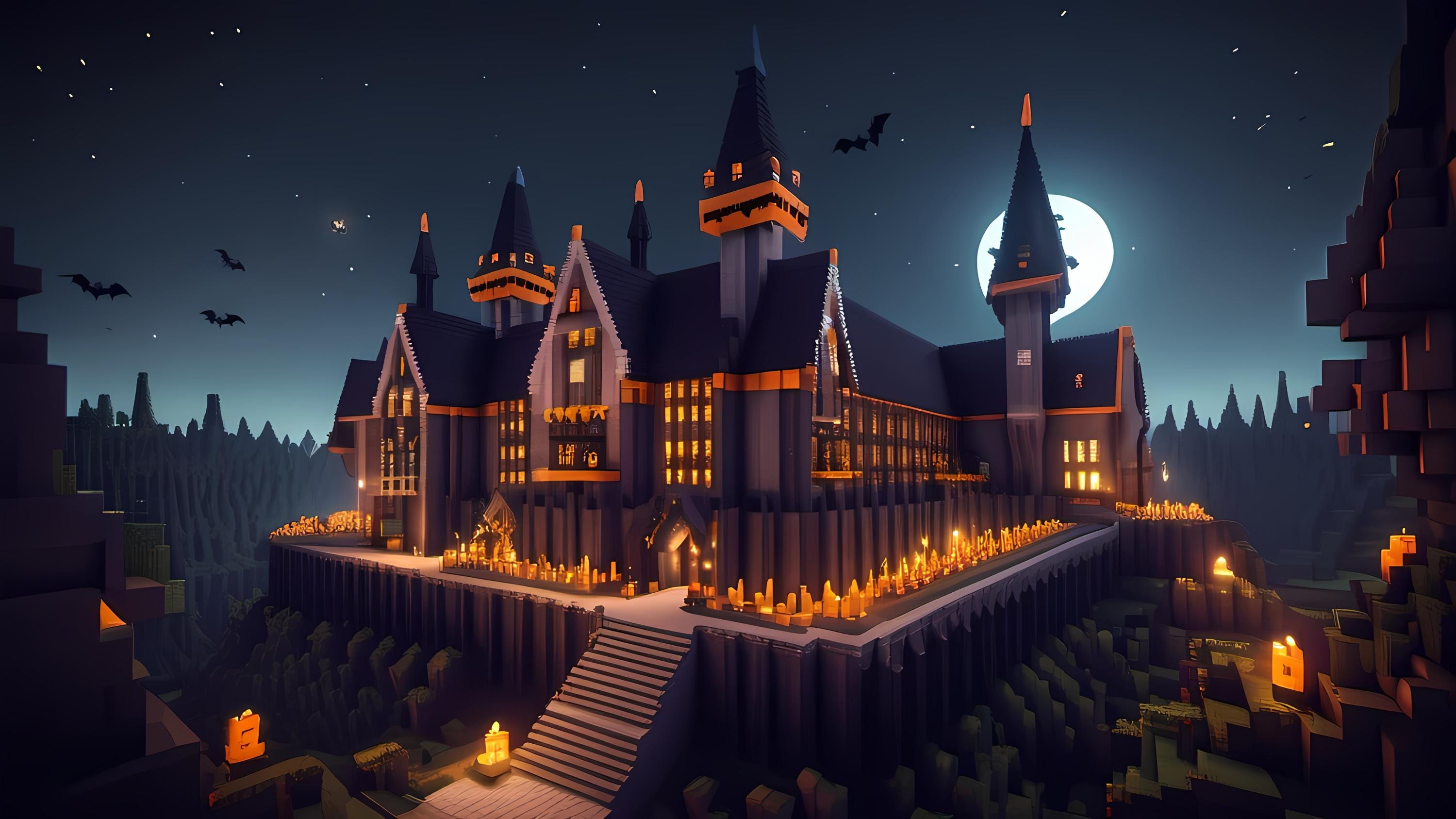 3D Pixel Background - Cozy Halloween Wizard School | 4K HD Voxel Gaming Wallpaper for Gamers ...
