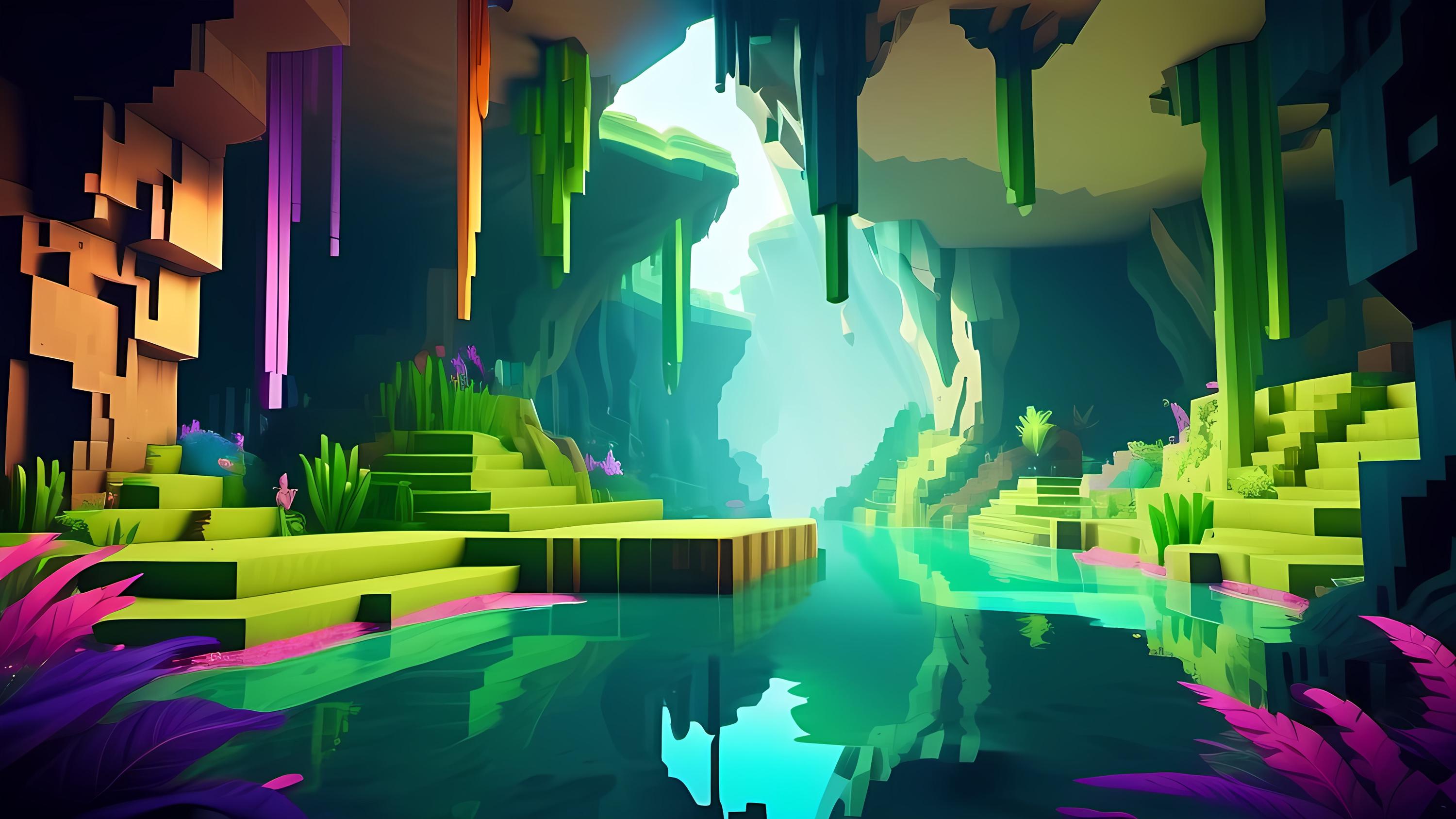 Lush Green Caves - Vivid Color Pixel Background, Gaming Wallpaper for ...