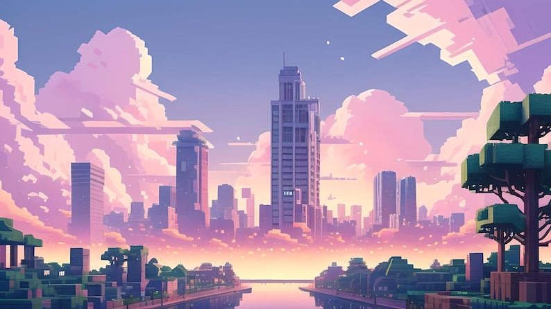 Pixel City in the Clouds - 4K Pixel Background, Voxel Gaming Wallpaper ...