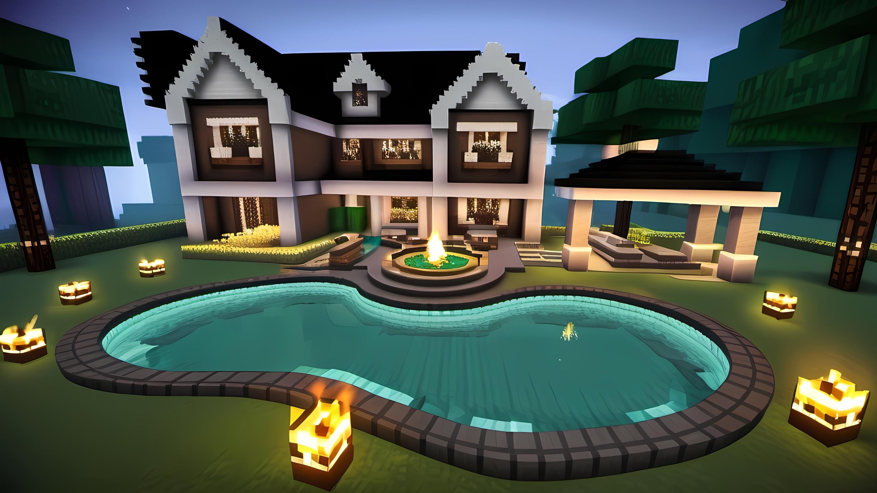 Rustic Pixel Mansion With Backyard Pool at Night - 4K Luxury Background ...
