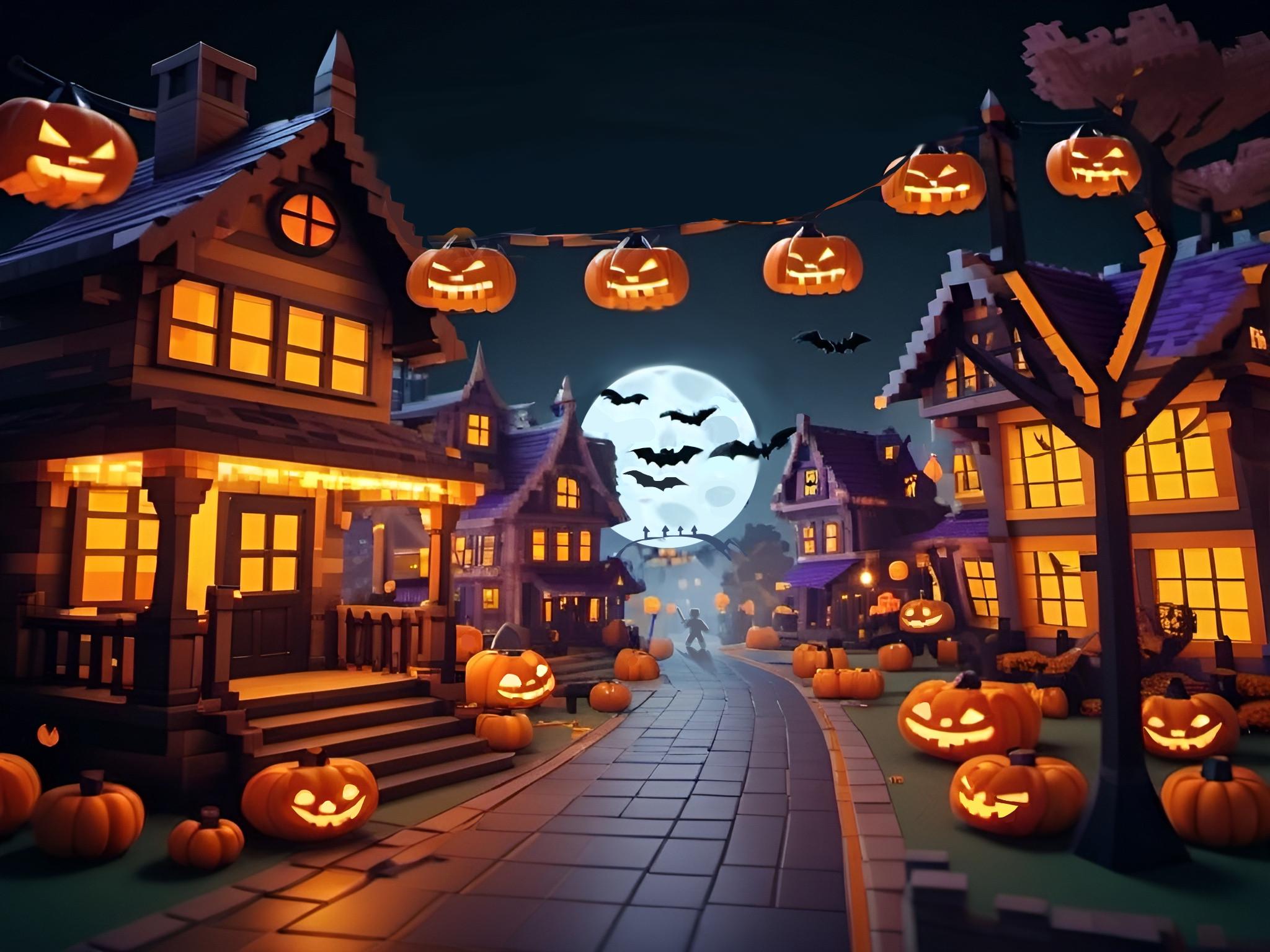 Spooky Halloween Pixel-town - Desktop Background | Voxel Style, Cute ...