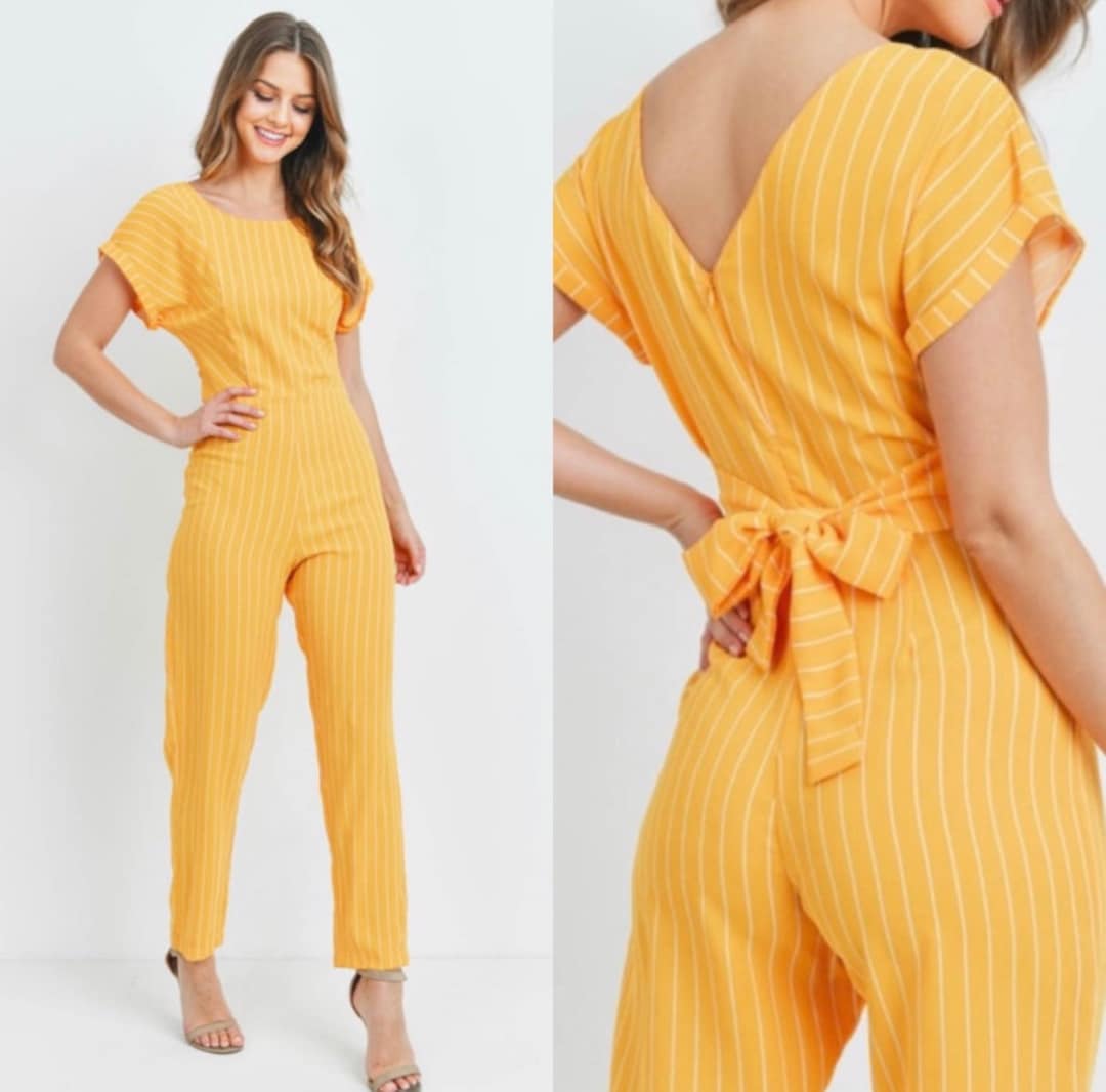 Yellow Jumpsuit, Yellow Jumpsuit for Women, Yellow Pinstriped Outfit ...