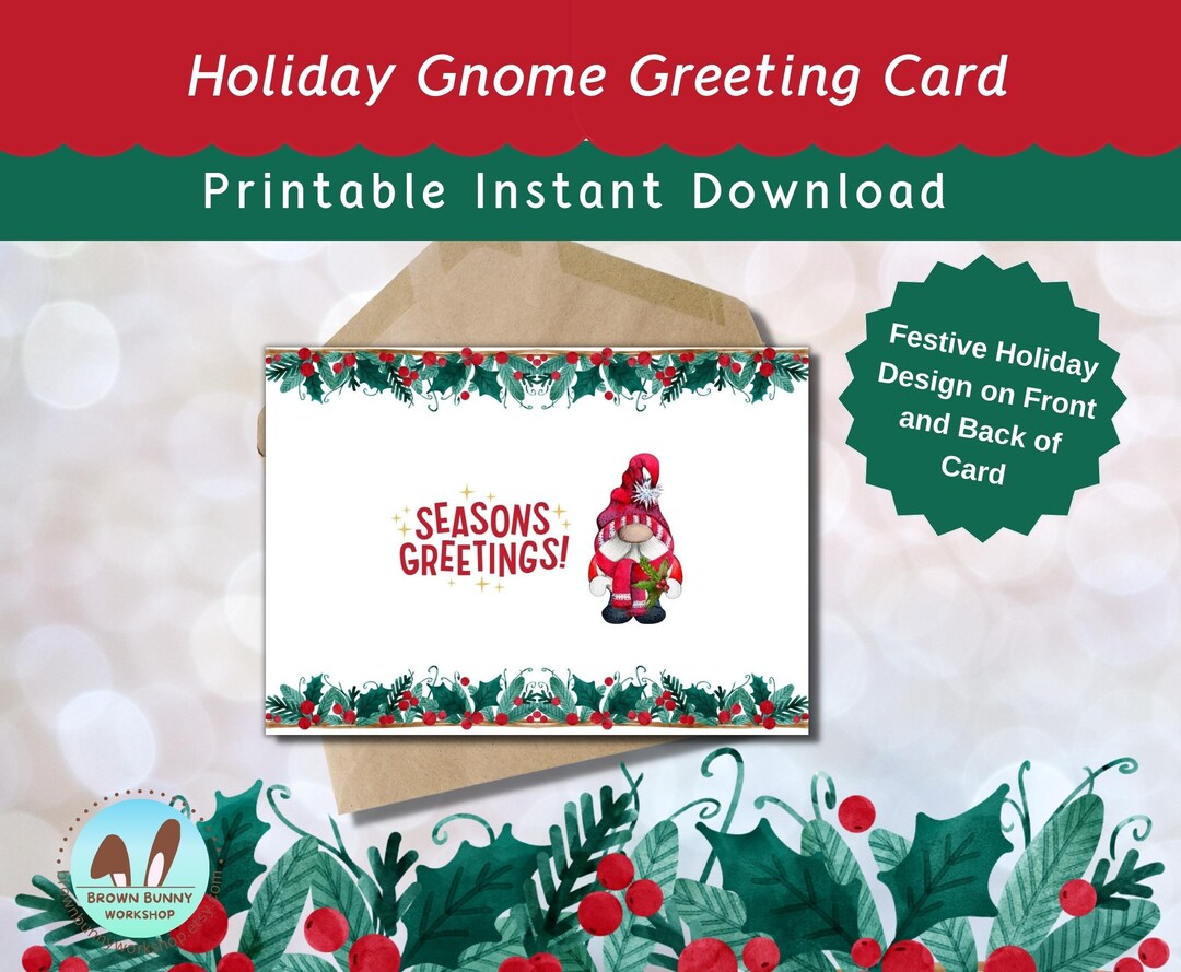 Gnome Christmas Card Holiday Gnome Printable Card Winter - Etsy