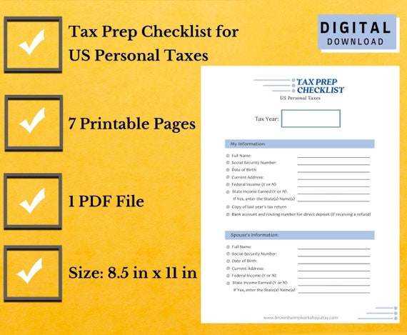Tax Preparation Checklist for US Personal Income Taxes Tax | Etsy