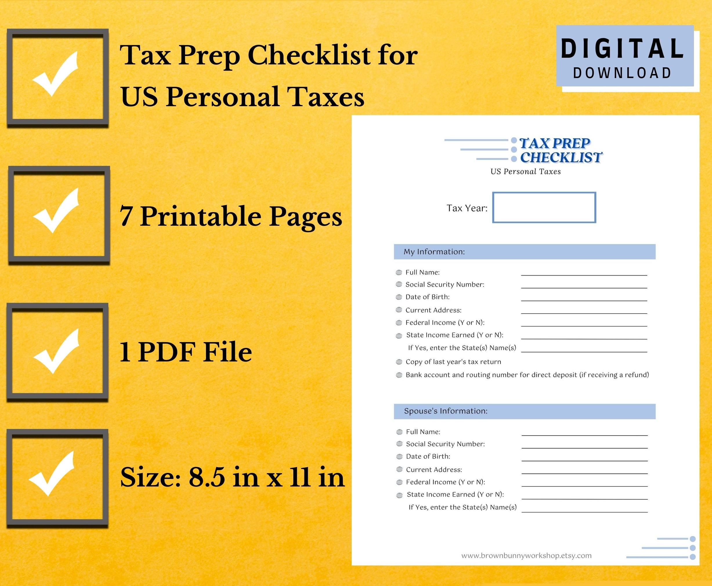 Tax Preparation Checklist for US Personal Income Taxes Tax | Etsy