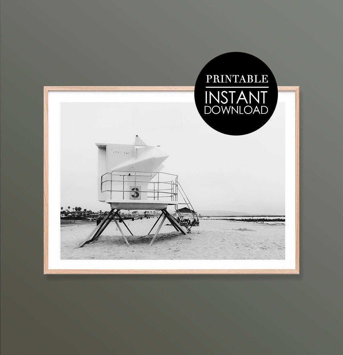 Beach Print, Black White Lifeguard Tower Printable, Beach Hut, Beach ...