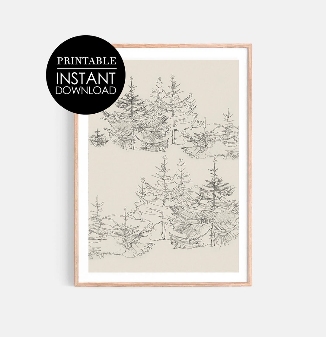 Vintage Pine Tree Sketch Digital Print, Christmas Tree Art, Neutral Winter Painting, DIGITAL ...