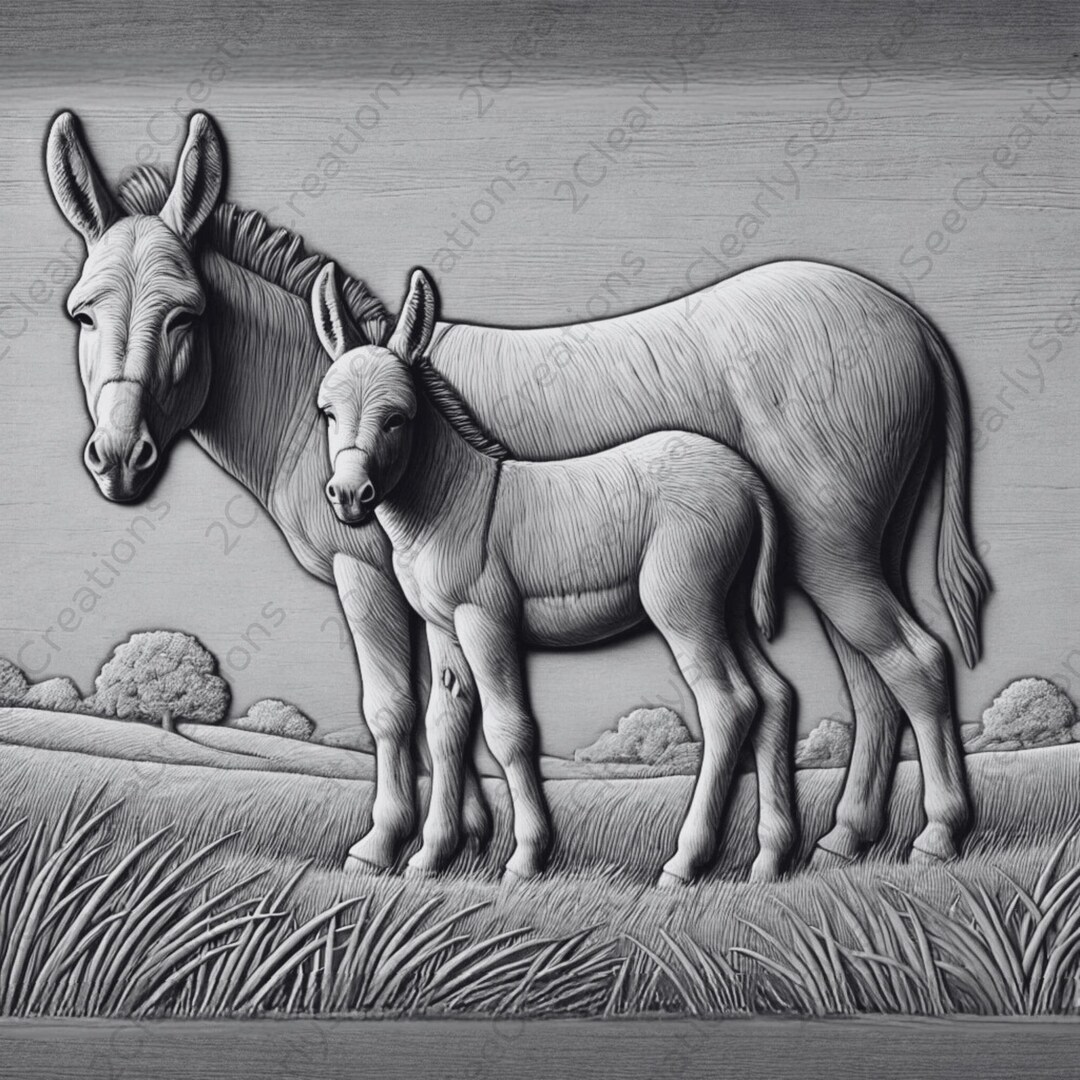 Donkey Family Image Laser Cut Burn Slate File Farm Animal Field Scene ...