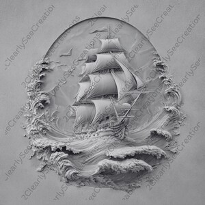 Sailing Ship at Sea Bas Relief Art | Nautical Ocean Engraving Design ...