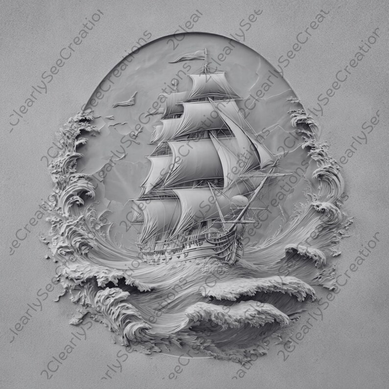 Sailing Ship at Sea Bas Relief Art | Nautical Ocean Engraving Design ...