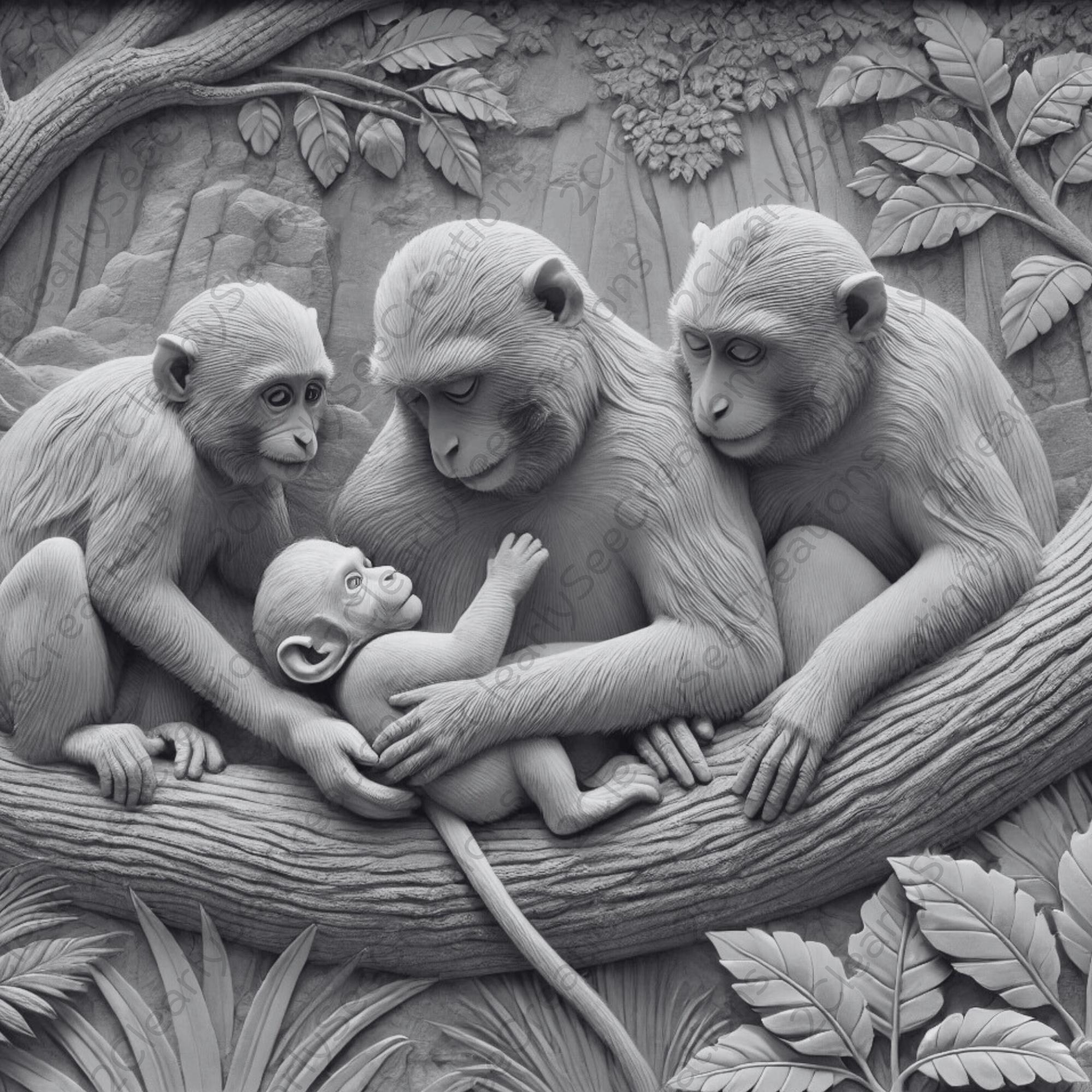 Monkey Family Image Laser Cut Burn Slate File | Jungle Primate Baby ...