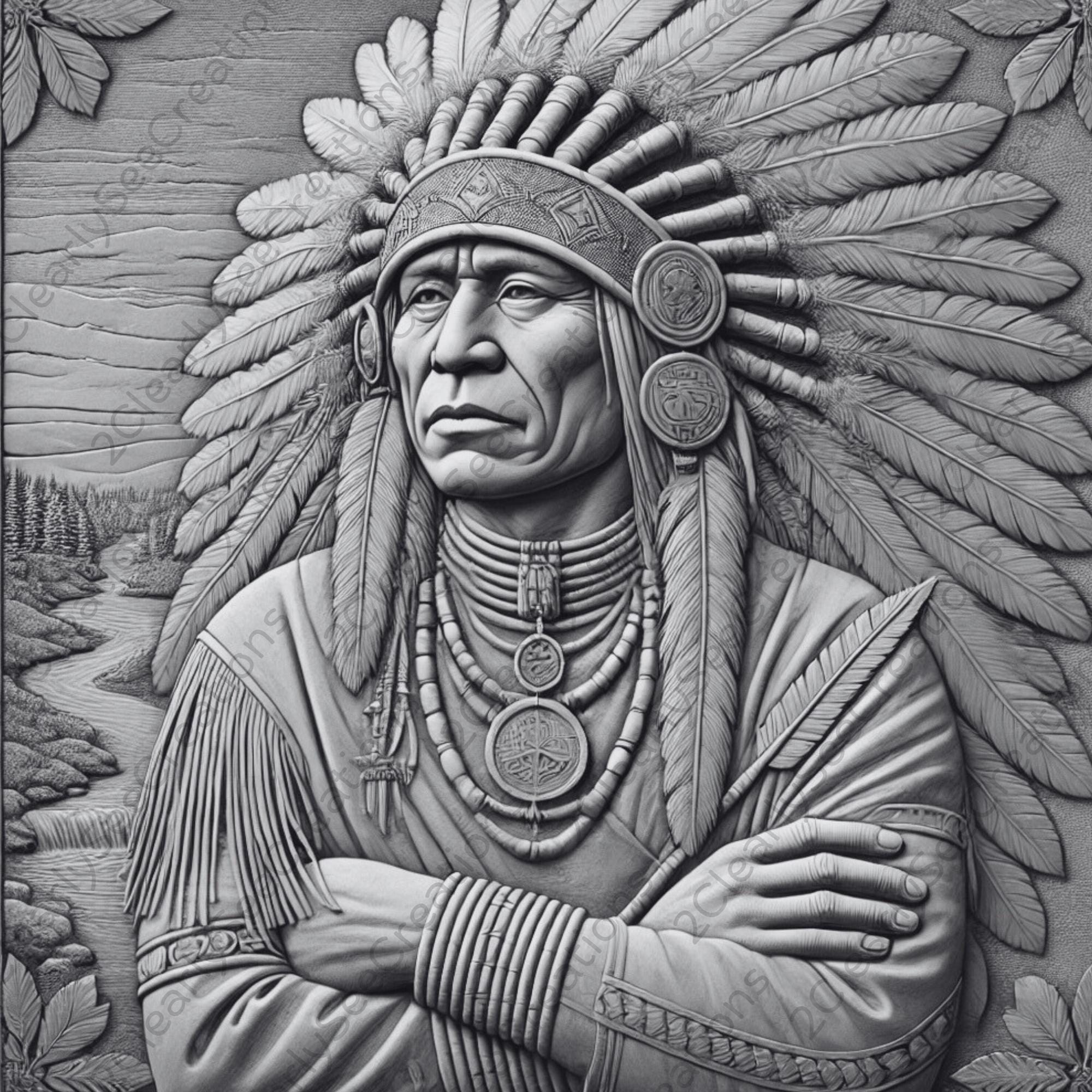 Chief Portrait Image Laser Cut Burn Slate File | Indigenous Warrior Art ...