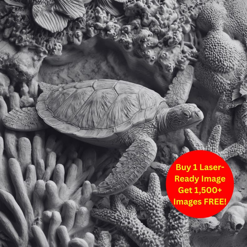 Sea Turtle Bas Relief Image | Coral Reef Ocean Laser Engraving PNG | 3D ...