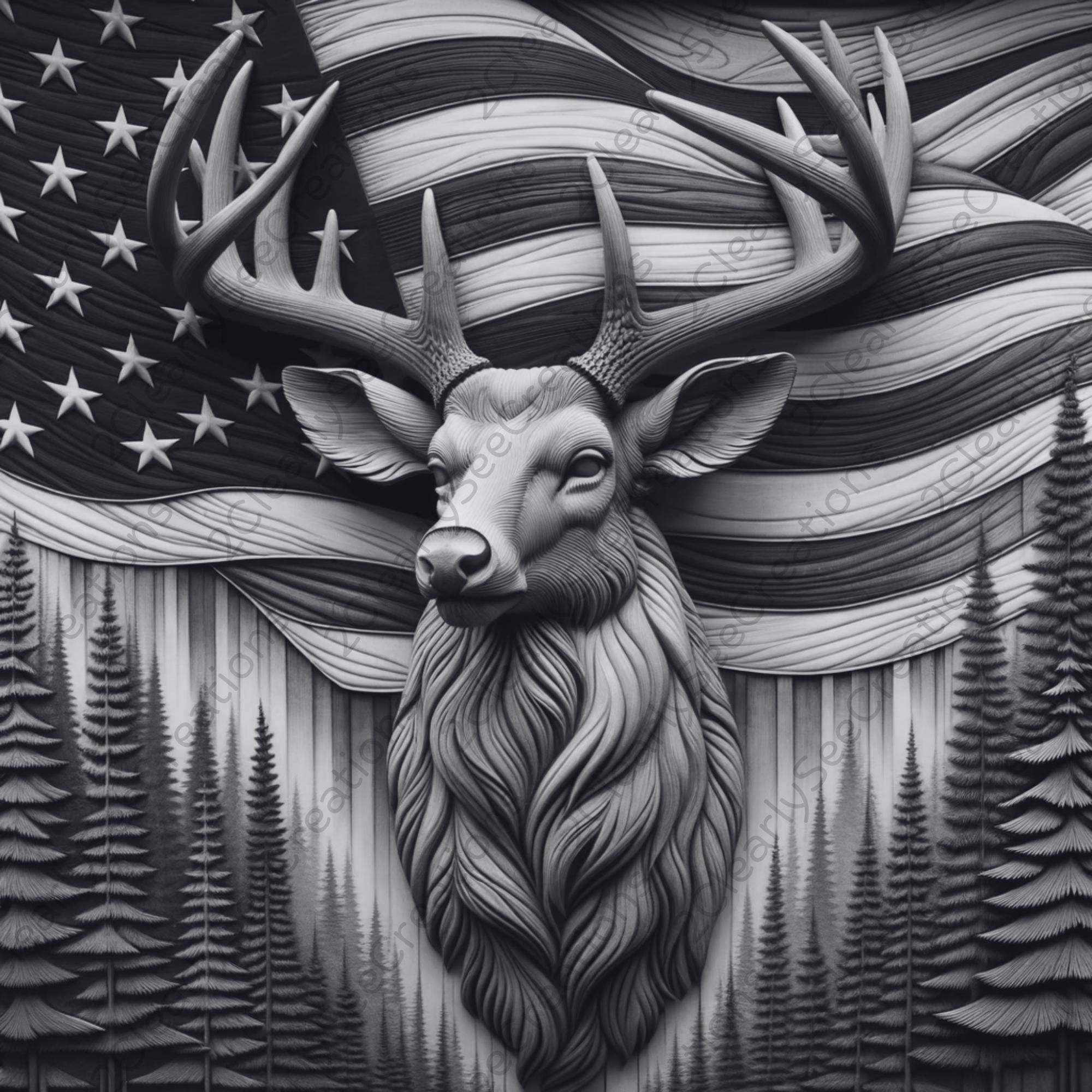 Deer Mount Image Laser Cut Burn Slate File Patriotic American Flag ...