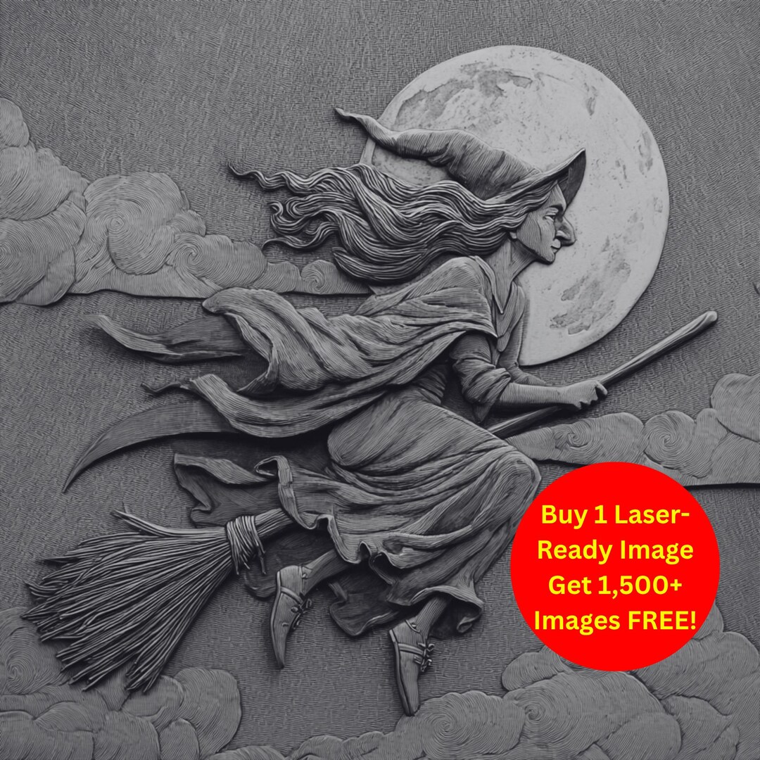 Flying Witch Image Laser Cut Burn Slate File | Halloween Broom Moon ...
