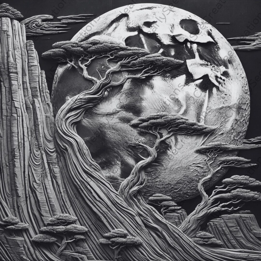 Moon Trees Image Laser Cut Burn Slate File Night Mountain Cliffs ...