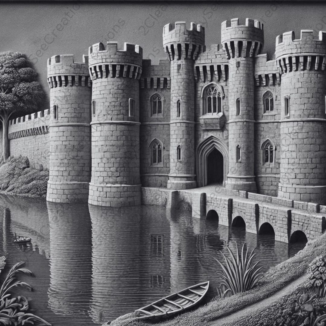 Moat Castle Image Laser Burn Slate File Medieval Fortress Bridge ...