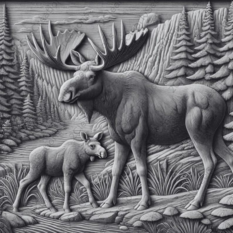 Moose Family Image Laser Burn File | Forest Wildlife Nature Scene ...