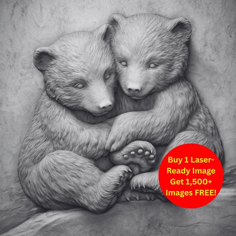 Two Bear Cubs Cuddling Bas Relief 3D Illusion Laser Engraving PNG ...