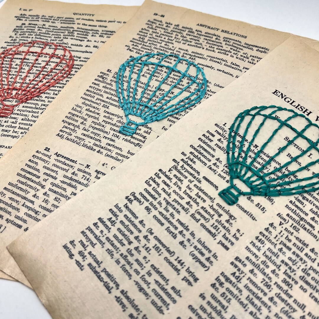 Wall Hanging- Vintage Book Page With Hand Embroidered Hot Air Balloon ...