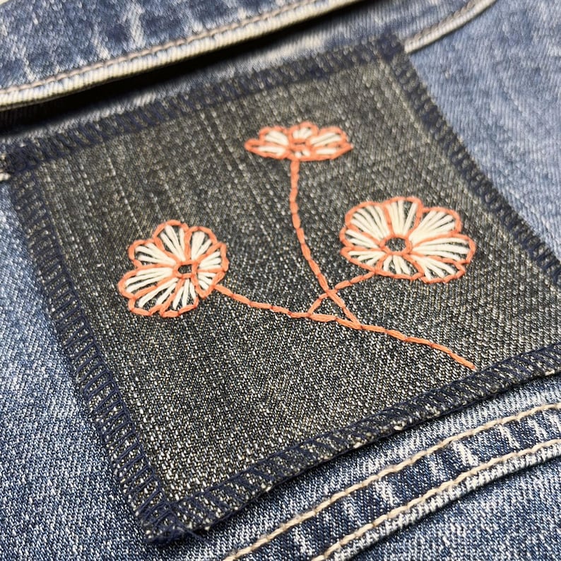 Hand Embroidered Square Poppies Patch- Repurposed Denim - Etsy