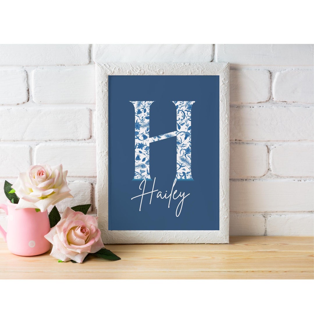 Custom Chinoiserie Initials Letter Print, Light Blue Coastal ...