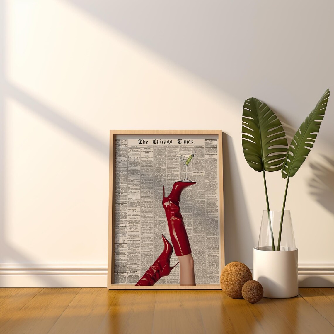 Newspaper Red Boots Martini Wall Art Digital Print Poster Maximalist ...
