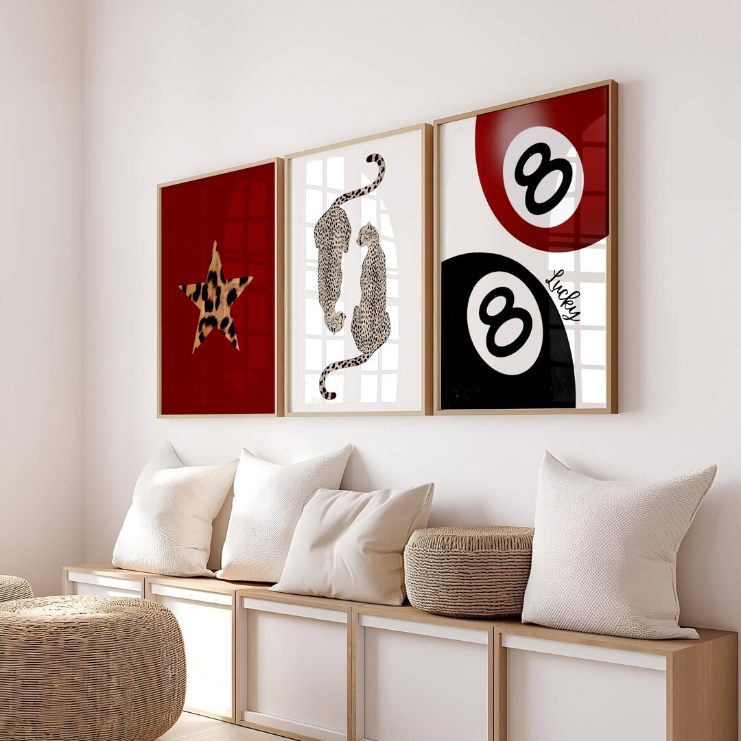 Set of 3 Leopard Art Prints, Lucky 8 Ball Cheetah Poster, Pool Ball Vintage Poster for Bedroom ...