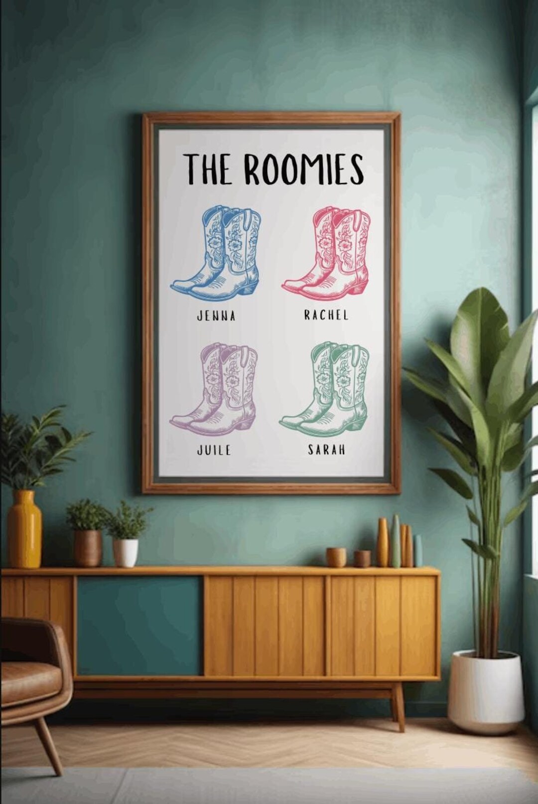 Personalized Roommate Print, Custom Roomies Sign, Floral Cowgirl Boots ...