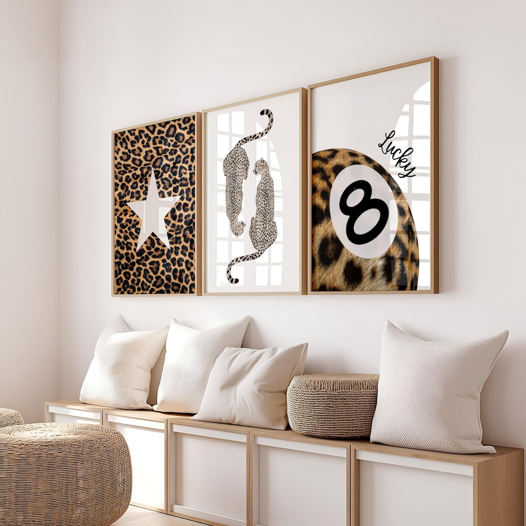 Set of 3 Leopard Prints Cheetah Print 8 Ball Lucky Neutral Room Decor ...