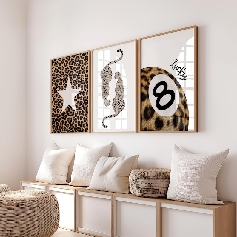 Set of 3 Leopard Prints Cheetah Print 8 Ball Lucky Neutral Room Decor ...