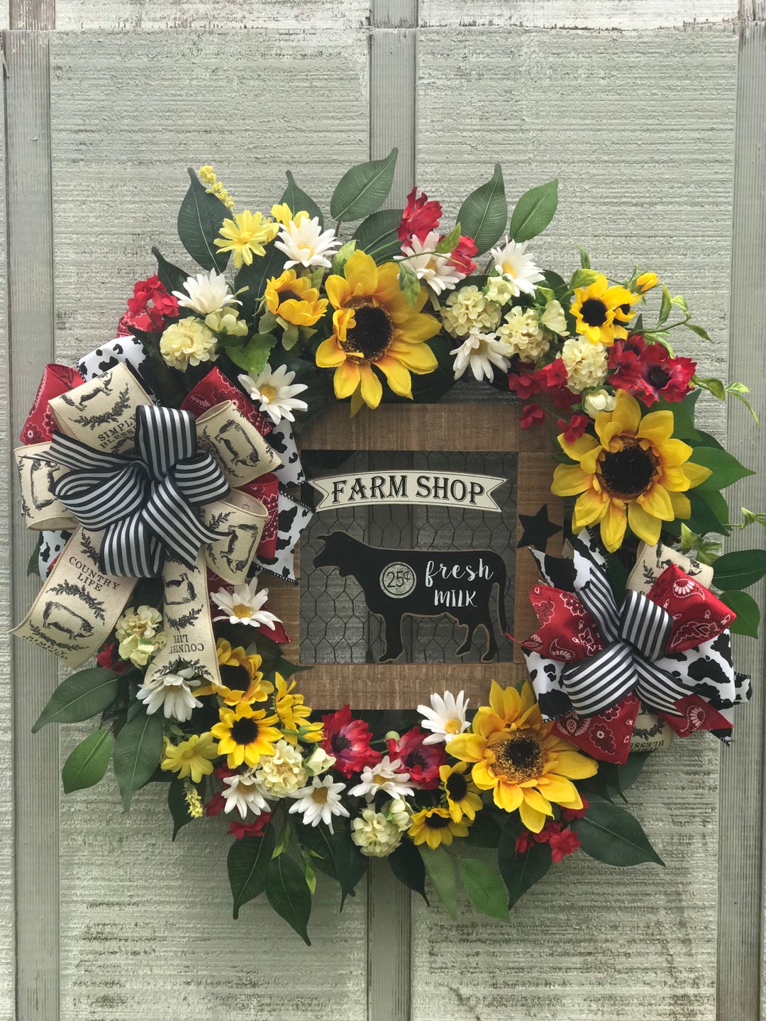 Farm Wreath, Farmhouse Wreath, Country Wreath, Cow Wreath, Sunflower ...
