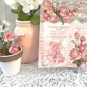 Vintage French Country Script Wall Art, Floral Peachy Pink Roses ...