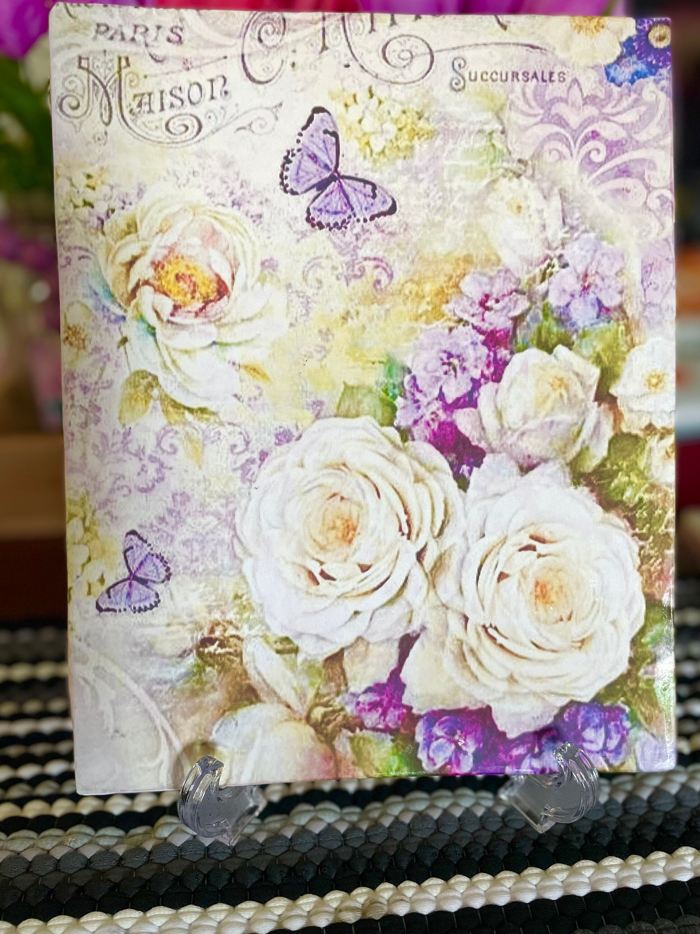 Vintage French Country Paris Script Wall Art, Pretty Purple Flowers and ...