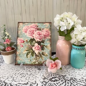 Vintage French Country Script Wall Art, Floral Pink Roses, Shabby Chic ...