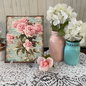 Vintage French Country Script Wall Art, Floral Pink Roses, Shabby Chic ...